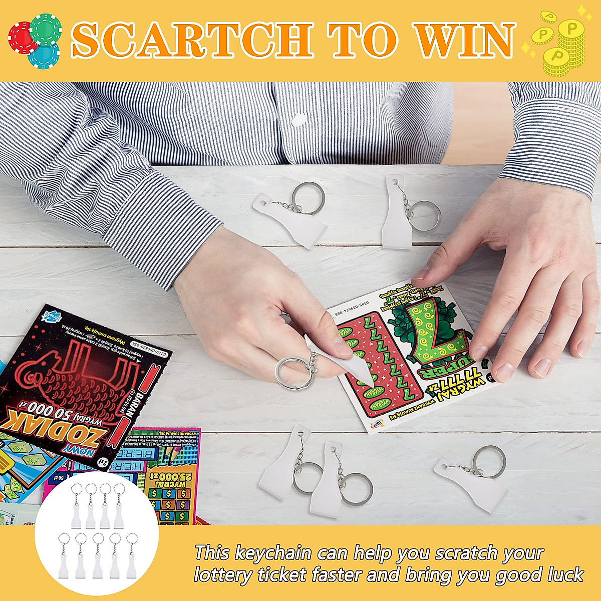 50 Pcs Lottery Scratcher Tool Plastic Scraper Tool Keychain Scoop Shape Lotto Scratcher Keyring Gambler Lucky Gift for Lottery Tickets Stickers Labels Films Sublimation Multifunction
