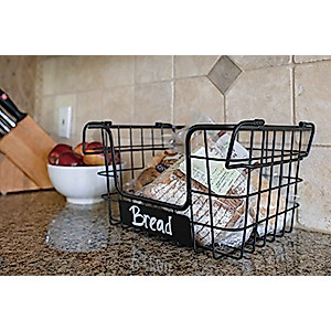 Stacking Wire Market Baskets with Chalk Label - Set of 2 - Fruit Vegetable Produce Metal Storage Bin for Kitchen Counter - Pantry Cabinet - Bathroom Shelves - Metallic Black