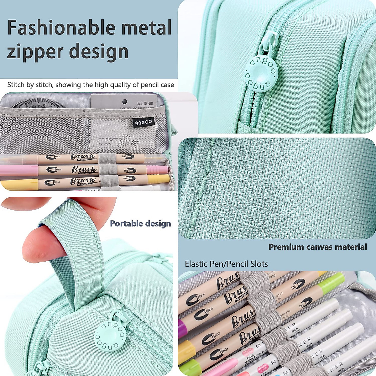 Large Capacity Pencil Case 4 Compartments, Pencil Case with Zipper Portable Handle, Aesthetic Pencil Case Stationery Organizer for Office College School Teen Girl Boy Men Women (Light Green)