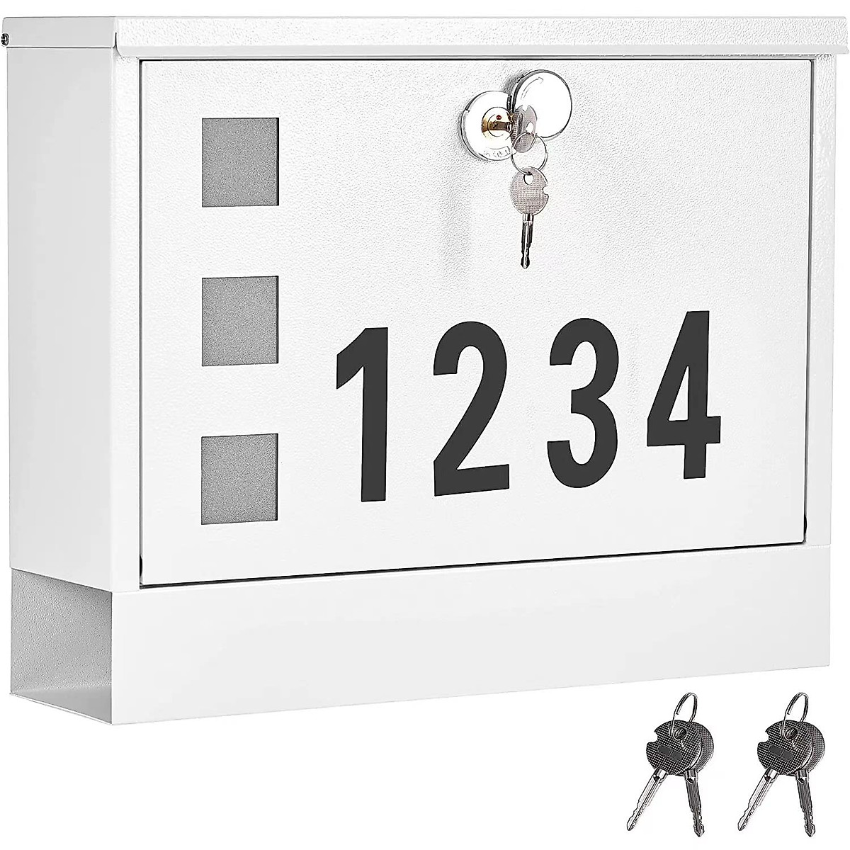 LAND·VOI Locking Mailbox Wall Mounted, Metal Postbox with Three Sets of Mail Box Number Stickers, 4 Keys, 14.4" x 4.5" x 11.2", Large Capacity, Textured White, AMB11W