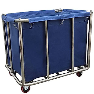 Commercial Laundry Cart, 400L large Laundry Rolling Bins with Removable Waterproof Canvas, Heavy Duty Stainless Steel Laundry Hampers with Wheels for Hotels & Hospital, 440lbs Load (blue1)