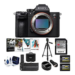 Sony Alpha a7R III A 42.4MP Mirrorless Camera (Body Only) Bundle with Tripod, Battery Grip, 64 SD Card, Cleaning Kit, Two-Pack Rechargeable Battery, and Dual Charger, Case, and Art Suite (8 Items)