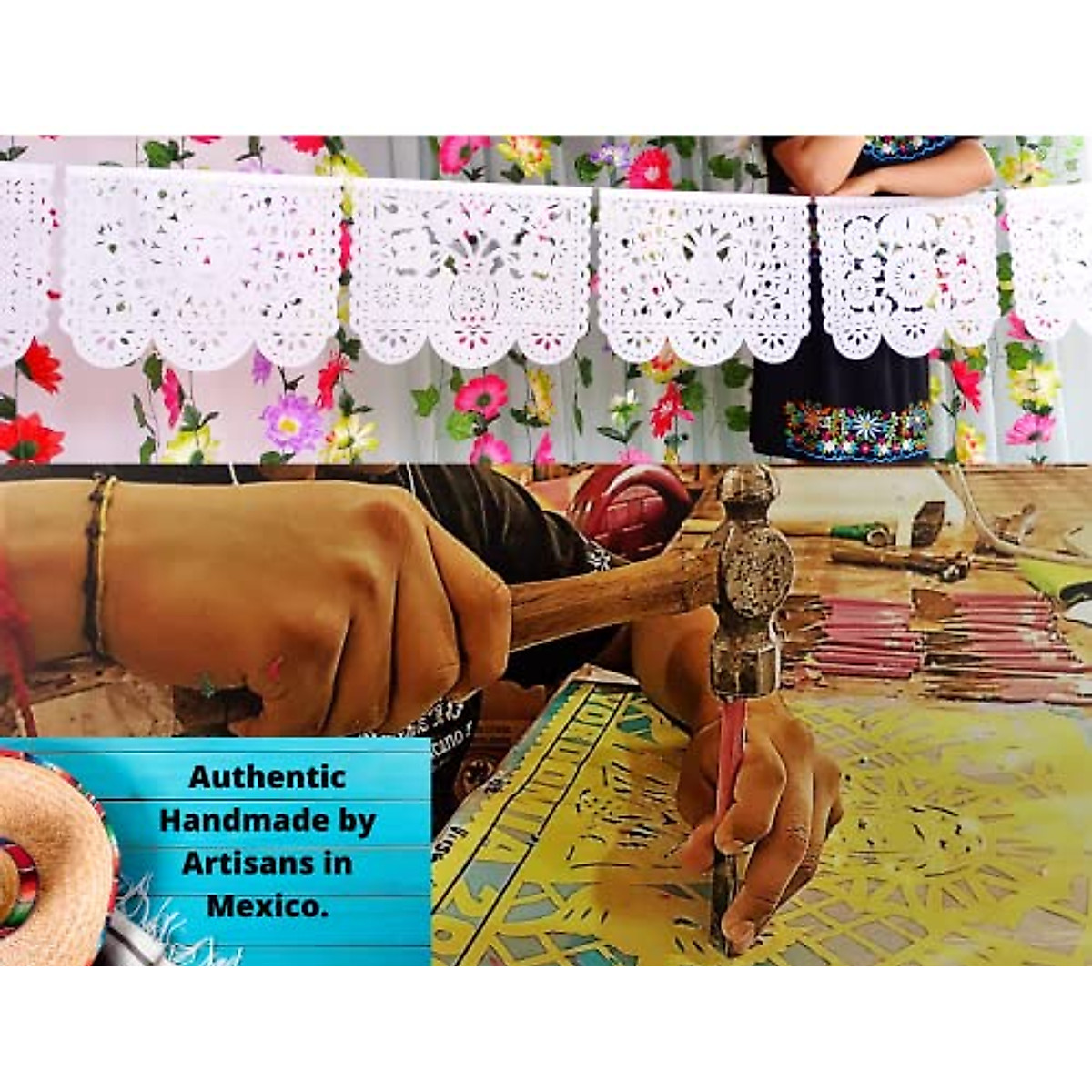 Mexican Party Decorations, 5 Pk White Papel Picado Banner Over 83 Feet long, For Wedding decorations, quinceañeras, birthdays, Mexican PAPER 50 Wedding Flags on string WS93