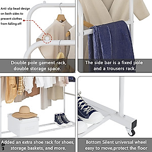 Laiensia Double Rods Clothing Rack with Wheels, Garment Rack for Hanging Clothes, Multi-functional Bedroom Clothes Rack, White