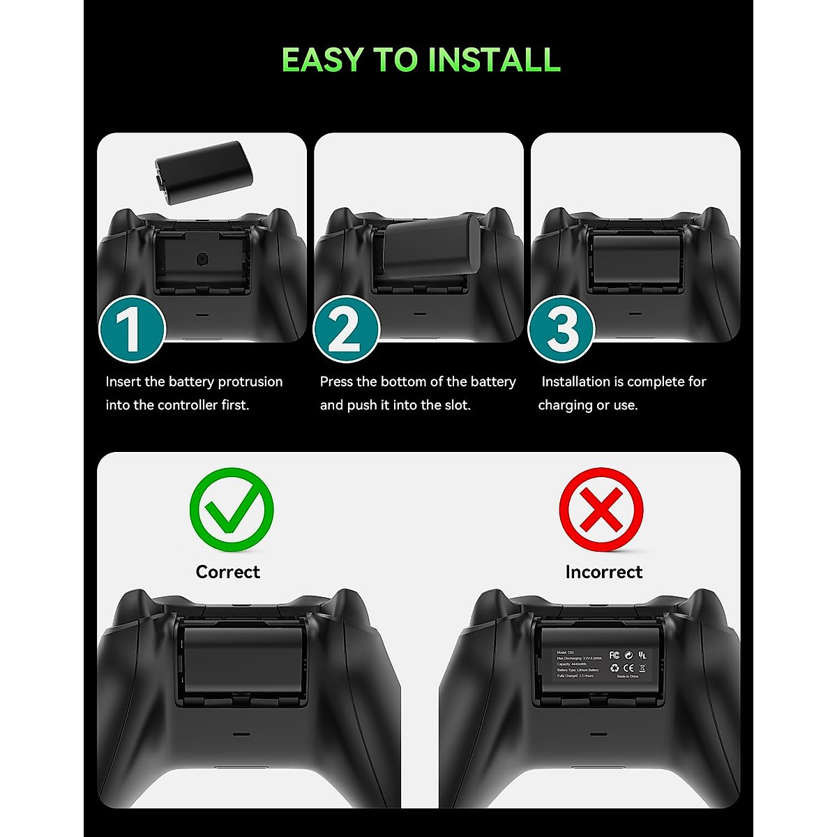 Rechargeable Battery Pack for X-box Series X|S/ One, 2 Pack 4440mWh 3.7V Battery Pack for X-box One/One S/One X/One Elite All X-box Controllers Supports Use While Charging (Includes 2 Batteries Only)