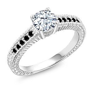 Gem Stone King 925 Sterling Silver White Created Sapphire and Black Diamond Engagement Ring For Women (1.37 Cttw, Available in size 5, 6, 7, 8, 9)