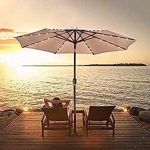 JMEXSUSS 9ft Patio Umbrella with Solar Lights, 32 LED Lighted Umbrella Outdoor Patio Table Umbrella, 8 Ribs Market Umbrella w/Tilt Adjustment and UV-Resistant Fabric, Khaki