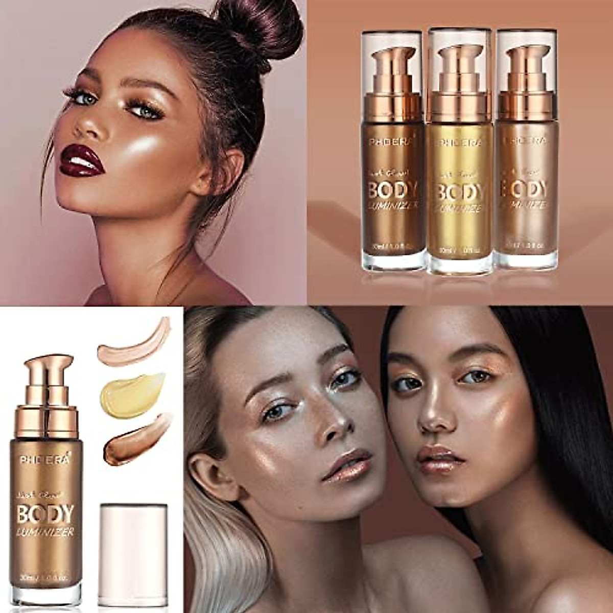 PHOERA Body Luminizer, Waterproof Moisturizing and Glow For Face & Body, Radiance All In One Makeup, Face Body Glow Illuminator, Body Highlighter 1fl.oz. (103 Glistening Bronze)