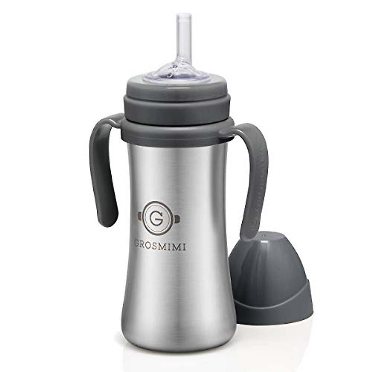 GROSMIMI Vacuum Insulated Sippy Cup with Straw with Handle for Baby and Toddlers, Stainless 6 oz (Charcoal)