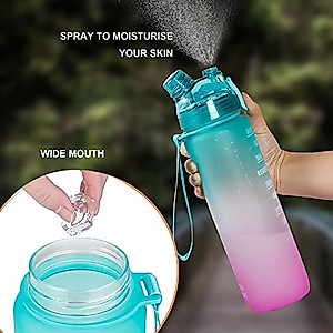 BOTTLE BOTTLE 32 oz Motivational Water Bottle with Time Marker - Water Bottle with Spray Mist Leakproof Drink Water Bottle for Office Gym Running Workout Outdoor Sport(Green Purple)