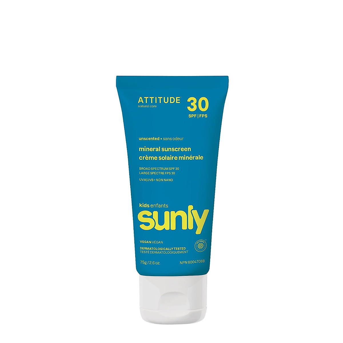 ATTITUDE Mineral Sunscreen for Baby and Kids, EWG Verified, Broad Spectrum UVA/UVB, Dermatologically Tested, Plant and Mineral-Based Formula, Vegan, SPF 30, Unscented, 2.6 Oz