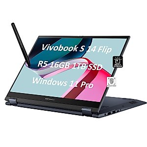 ASUS Vivobook S 14 Flip 2-in-1 Business Laptop (14" FHD+ 16:10 Touchscreen, 16GB RAM, 1TB SSD, AMD 6-Core Ryzen 5 5600H (> i7-1165G7), Active Pen), Backlit, FP, FHD Webcam, Win 11 Pro, Quiet Blue