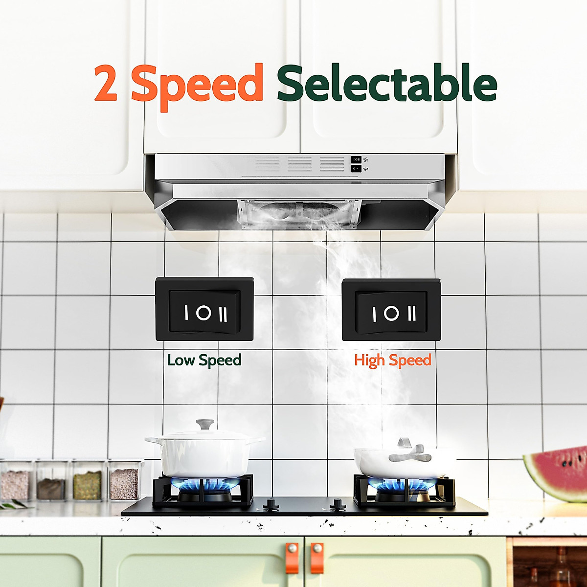 FIREGAS 24 inch Range Hood Under Cabinet, 300CFM Ducted/Ductless Convertible Kithen Hood in Stainless Steel with 2 watt LED Light and Filter, 2 fan speeds, hassle-free installation