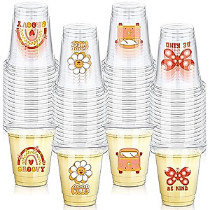 meekoo 100 Pcs 12 oz Groovy Party Disposable Plastic Cups Hippie Boho Groovy Daisy Flower Cups for Retro Birthday Wedding Thanksgiving Day Christmas Party Supplies