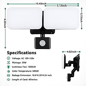 Zorykn 20W Motion Sensor LED Security Light with Remote Control, 1600LM 5000K Dusk to Dawn Plug in Outdoor Flood Light, 2 Adjustable Heads, IP65 Waterproof, 3 Lighting Modes Perfect for Porch, Garden