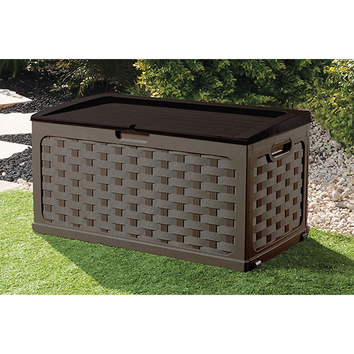 Starplast 56811 Plastic Weave Sit-On Storage Box - 88 Gallon - Mocha/Brown - Ideal for Deck, Patio, and Backyard