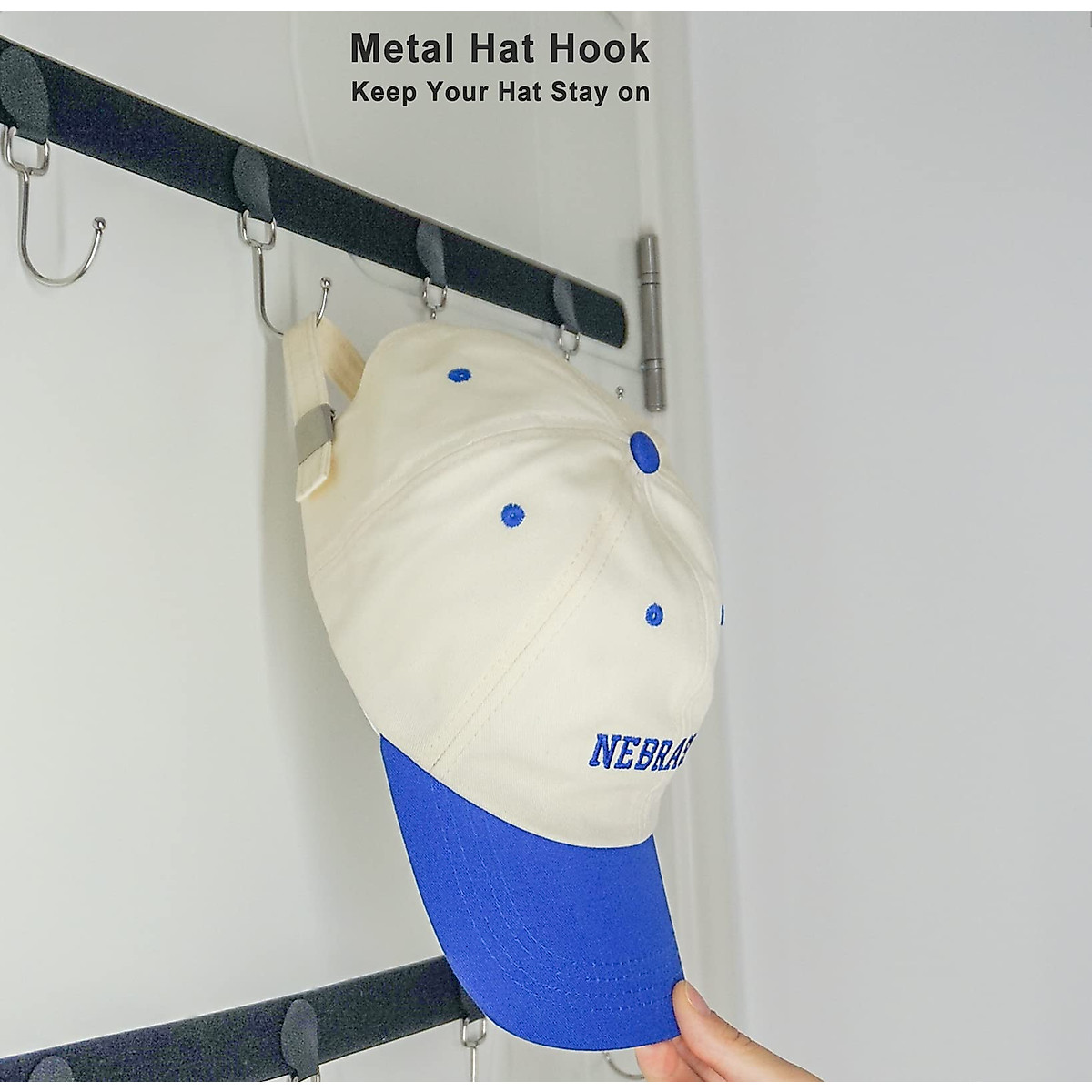 ETOWIFA Hat Organizer Rack for Baseball Caps [Up to 32 Caps] Hat Hanger Display for Wall and Over The Door Closet, Room/College Dorm Storage Holder - 2 Adhesive Straps and 8 Removable Hooks