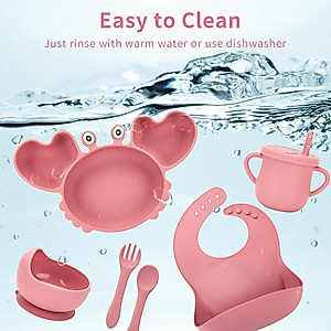 Puxdiauk Baby Feeding Set,6 Pcs Silicone Toddler Plates and Bowls Set with Suction Bowl Crab Divided Plate Adjustable Bibs Spoon Fork Cup with handle, Sturdy and BPA Free for Toddler Kid, Dark Pink