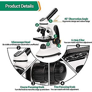 BNISE Microscope kit for Kids and Students, 40X-2000X Magnification, Prepared Slides Kit, Dual LED Illumination, All Glass Optics, and Cordless Capability for Children Beginner