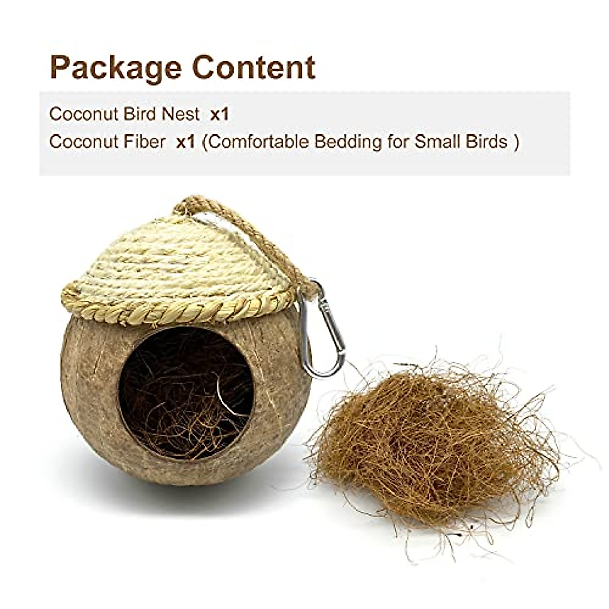 Bird House with Coconut Woven Straw, Natural Coconut Bird Cage with Woven Cover，Bird Nest for Parrot, Hamster, Squirrel, Rat, Lovebird, Finches