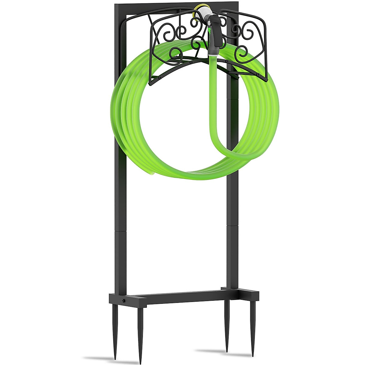 JessYo Garden Hose Holder Stand Water Hose Caddy with 4 Spikes, Freestanding Heavy Duty Metal Hose Storage Holds 150-feet Hose, Outdoor Hose Rack Hose Hangers for Outside Yard Lawn, Black
