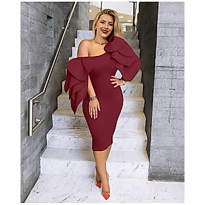 DAAWENXI Women's Elegant Ruffle Off The Shoulder Zipper Empire Midi Cocktail Dress WineRed