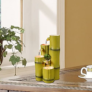 Haobos Tiered Bamboo Appearance Column Tabletop Fountain Relaxation Desktop Waterfall Fountain, 10.6 Inch Tall Simulation Natural Bamboo Cascading Fountain Decorate for Home/Office