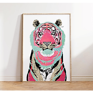 Pink Tiger Art Print | Wall Art | Illustration | Large | Decor | Made in USA | Gallery Grade | Preppy | Vintage | Aesthetic | Modern | Cat | Bengal | Animal | Dorm | Unframed (12x16)…