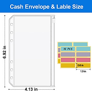 KTRIO 16PCS A6 Binder Pockets 6 Holes Budget Cash Envelopes Clear Zipper Folders for 6-Ring Budget Binder Notebook, Loose Leaf Bags, Waterproof PVC Document Pouch Organizers