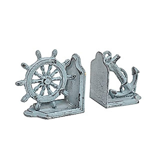 JUCONSIN Anchor Bookends, Antique Blue Nautical Ship Wheel and Anchor Decorative Bookends Set, Heavy Duty Cast Iron, Cute Bookends for Office Home Desk Bookrack Shelves