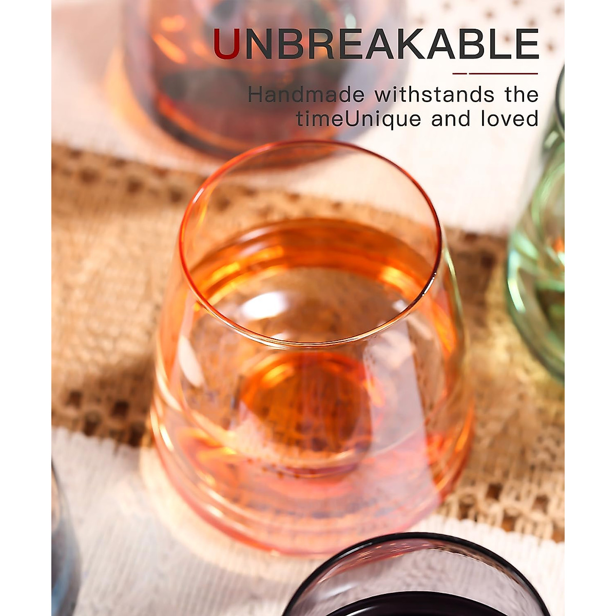 comfit Stemless Colored Wine Glasses Set of 6-15oz Colorful Wine Glasses,Perfect Red Wine Glass Stemware for Wine Lover in Mothers Day Gifts,Party