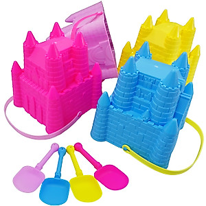 4E's Novelty (4 Sets) Castle Beach Buckets and Shovels, Large Size 7" - Sand Castle Building Kit, Sandcastle Molds Beach Toys for Kids 3-10, Outdoor Sand Toys for Toddlers