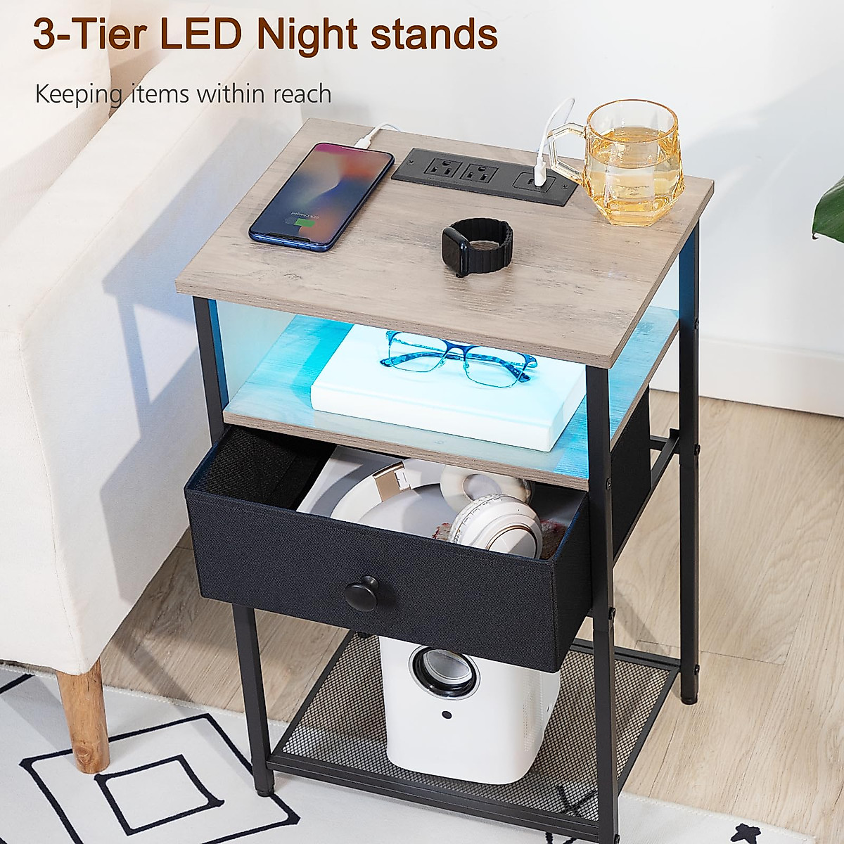 LOAKEKEL Night Stand Set 2, LED Nightstand with Charging Station, End Tables with Fabric Drawer for Small Spaces, Bedside Table with Storage Shelf for Bedroom, Greige, HETS01GY
