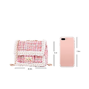 Qiayime Purse and Handbags for Women Fashion Tweed Pearl Top Handle Satchel Shoulder Tote bead chain Crossbody Clutch Bag (pink)