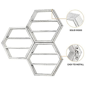 Essential Oils Storage Shelf Wall Mounted Rustic Nail Polish Rack Organizer Wood Farmhouse Hexagonal Floating Shelves for Bathroom Bedroom Living Room Office, Rustic White