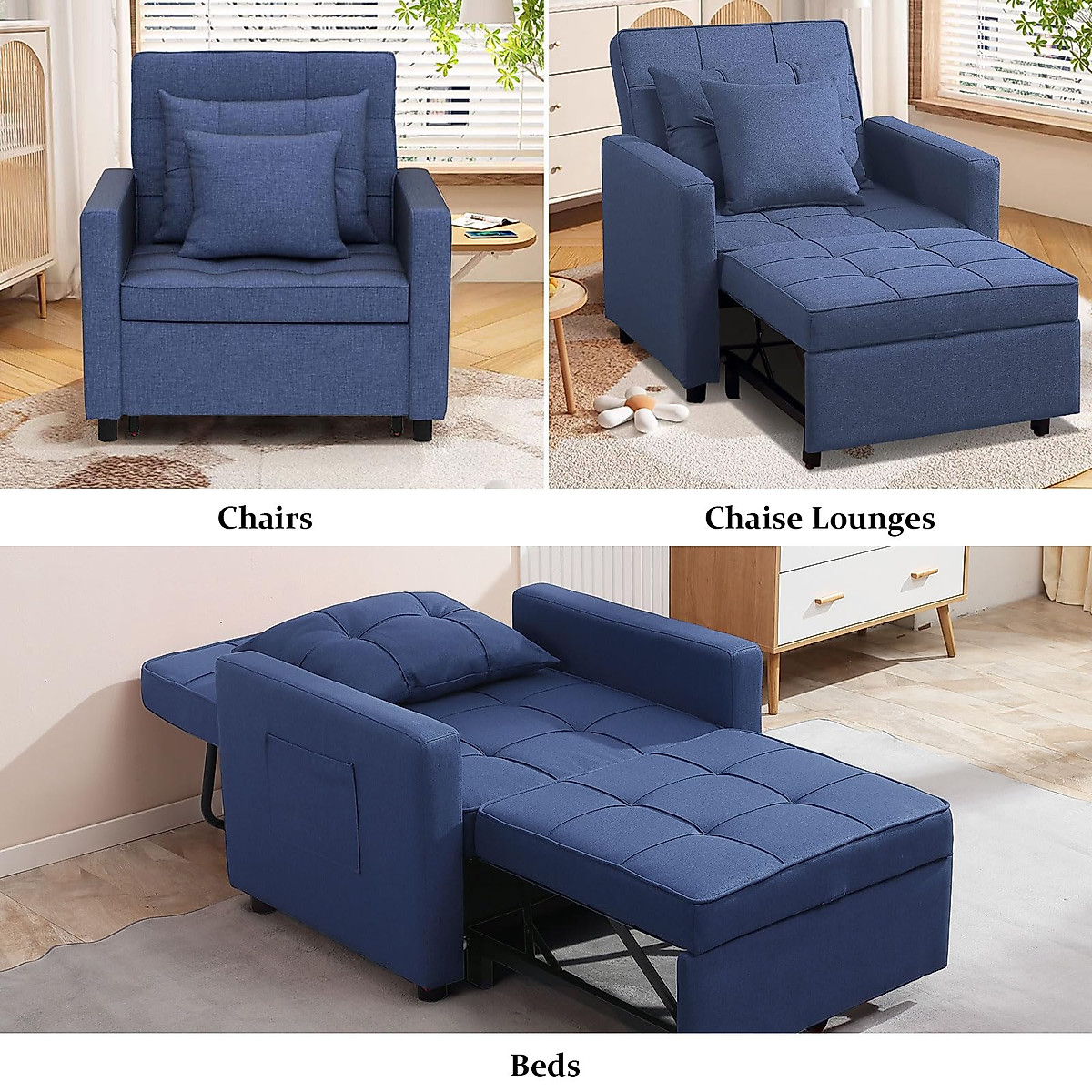 GOOGIC Convertible Chair Bed, 3-in-1 Folding Sofa Bed Chair with Adjustable Backrest, Multi-Functional Pull Out Sleeper Chair Bed Single Armchair Sofa Bed with Side Pocket (Blue)