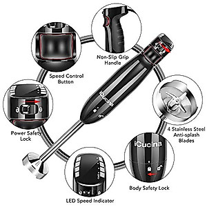 iCucina 4-in-1 Variable Speed Immersion Hand Blender, Powerful 400W DC Motor, One Button Operation Smart Stick Blender with Whisk, Beaker, Chopper attachments, Black