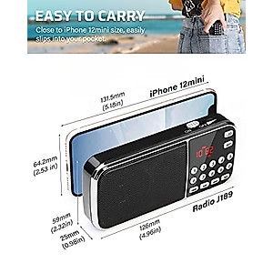 PRUNUS J-189 Bluetooth AM FM Radio, Small Portable Radio - Dual Speaker Heavy Bass, LED Flashlight, Pocket Size, TF Card USB AUX MP3 Player, Rechargeable Battery Operated Small Radio(Black)