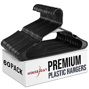 HOUSE DAY Black Plastic Hangers 60 Pack, Plastic Clothes Hangers Space Saving, Sturdy Clothing Notched Hangers, Heavy Duty Coat Hangers for Closet, Laundry Hangers for Adult Coat, Suit, Shirt, Dress
