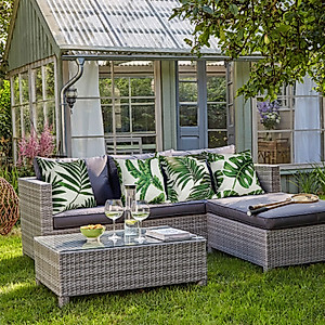 Bonhause Tropical Leaves Throw Pillow Covers 18 x 18 Inch Set of 4 Green Palm Leaf Decorative Pillow Cases Polyester Linen Outdoor Cushion Covers for Sofa Couch Garden Home Decor