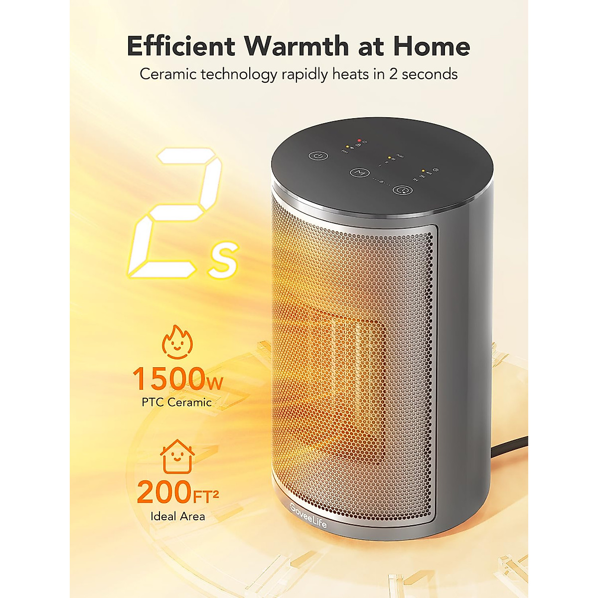 GoveeLife Space Heater for Indoor Use, 1500W Fast Electric Heater with Smart Thermostat, Wi-Fi App & Voice Remote Control, Small Heater Safety for Bedroom Home Indoors Office Desk Portable, Grey