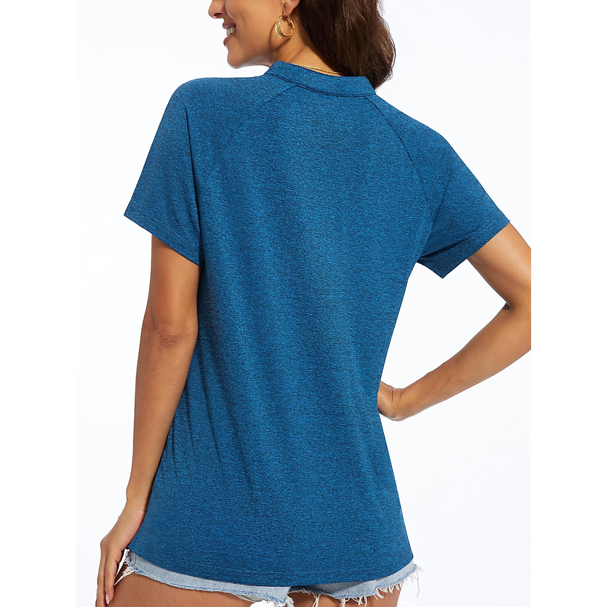 MAGCOMSEN Polo Shirts for Women Collarless V Neck Golf T-Shirts UPF 50+ Sun Protection Tennis Shirts Quick Dry Blue,XL