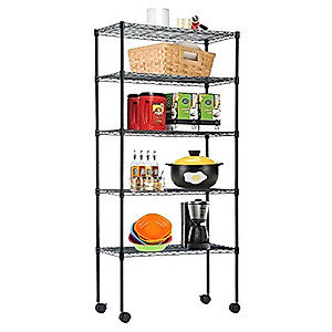 750 LBS Black 5 Tier Shelf Wire Shelving Unit - 14"x30"x60" with Wheels, NSF Wire Shelf Metal Heavy Duty Rack Height Adjustable Utility for Garage Kitchen Office Commercial Shelving Steel Layer Shelf