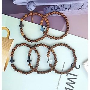 FIRAZIO 12Pcs Christian Prayer Beads Bracelet for Women Mens Wooden Beads Cross Bracelet Religious Mala Beaded Bracelets Fashion Jewelry 6mm/8mm