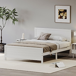 JULYFOX Wood Bed Frame King Size, White Color Solid Pine Wood Platform Bed with Headboard Footboard 600 lbs Heavy Duty No Box Spring Needed(White-2, King)