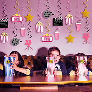 K KUMEED Movie Night Party Decorations,Pink Movie Theme Hanging Swirl Decorations,Cute Popcorn Foil Swirls Ceiling for Baby Shower Birthday Party Film Party Supplies Family Party Girls Boys