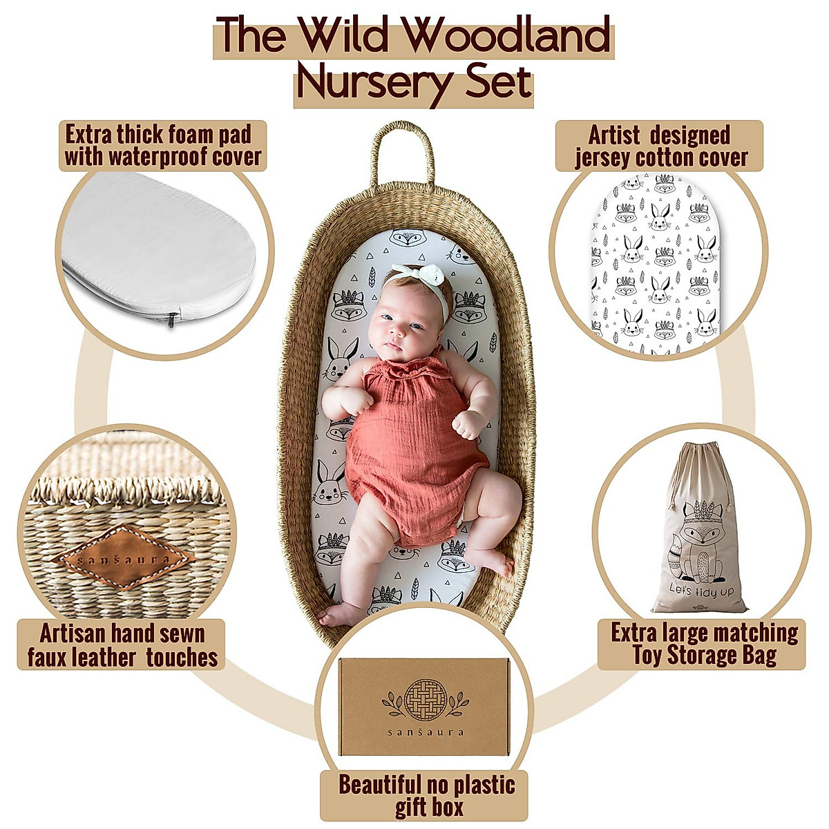 Sansaura Nursery Set - Seagrass Baby Changing Basket, Diaper Basket, with Thick Waterproof Pad & 100% Cotton Fitted Sheet, Toy Storage Bag, Woodland Designs, Shower Gift for Newborns, Boho nursery