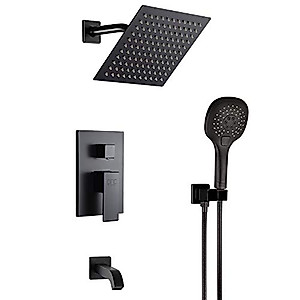 POP SANITARYWARE Matte Black Shower Faucet Set with Tub Spout Bathroom Rainfall 8 Inch Shower Head System with Handheld Single Handle Shower Trim Kit with Valve