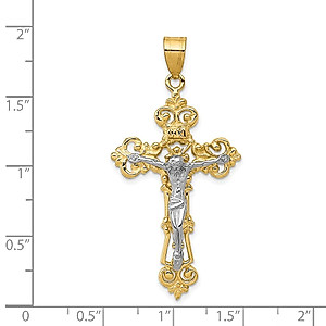 Diamond2Deal 14K White and Yellow Gold INRI Fleur De Lis Crucifix Pendant Fine Jewelry for Women (L- 47 mm W- 23 mm)