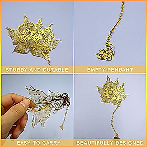 LELE LIFE 2Pack Exquisite Hollow Metal Bookmark Box, Goldfish and Lotus Pendant Book Marker, Copper Bookmark Brass Bookmark with Chain, Reading Bookmark, Style A